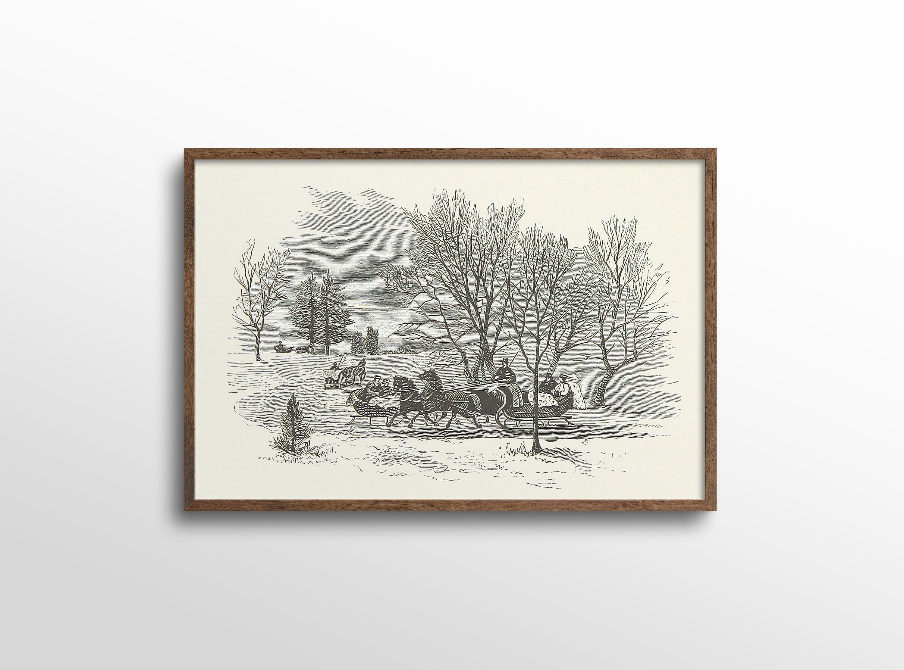 Vintage Sleigh Ride Lithograph Printable, Minimalist Christmas Wall Art ...