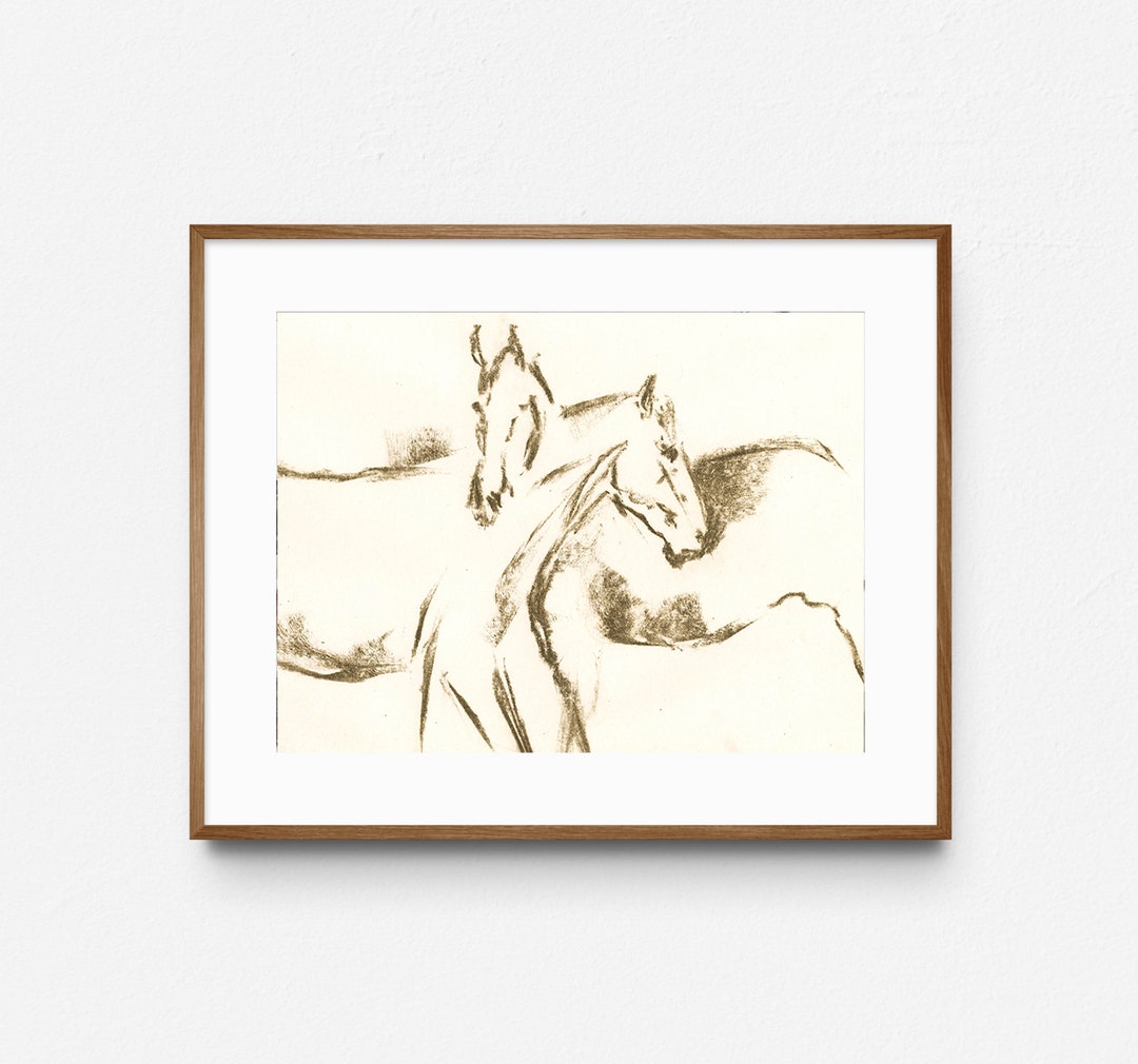 Abstract Horses Sketch, Minimalist Charcoal Horse Painting, Equestrian ...