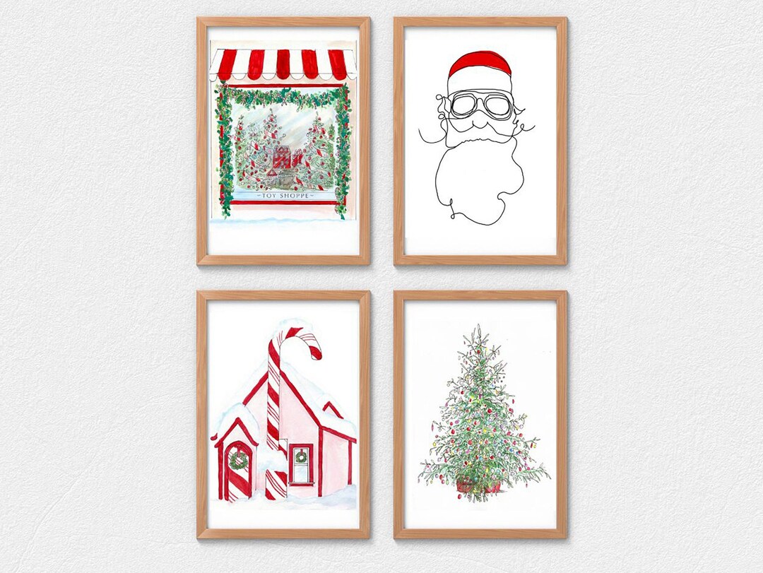 Printable Set of 4 Christmas Prints, Holiday Wall Art Decor, Santa Line ...