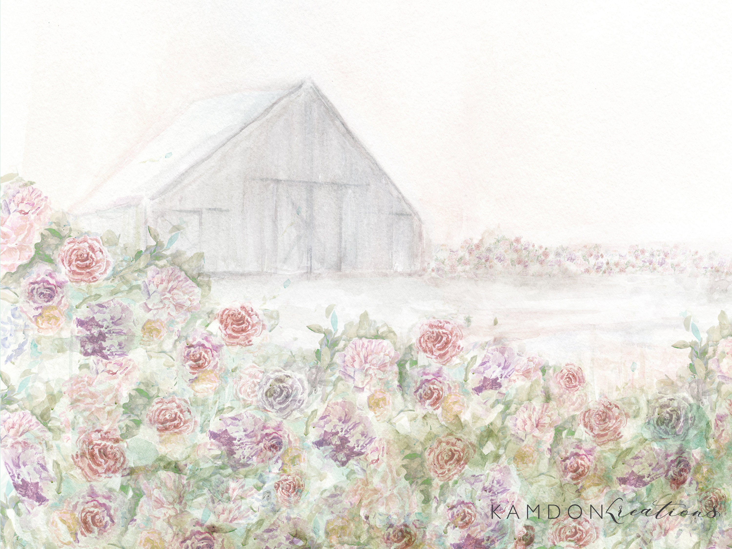 Original Pale Pastel Barn Landscape Painting, Small Dusty Pink and ...
