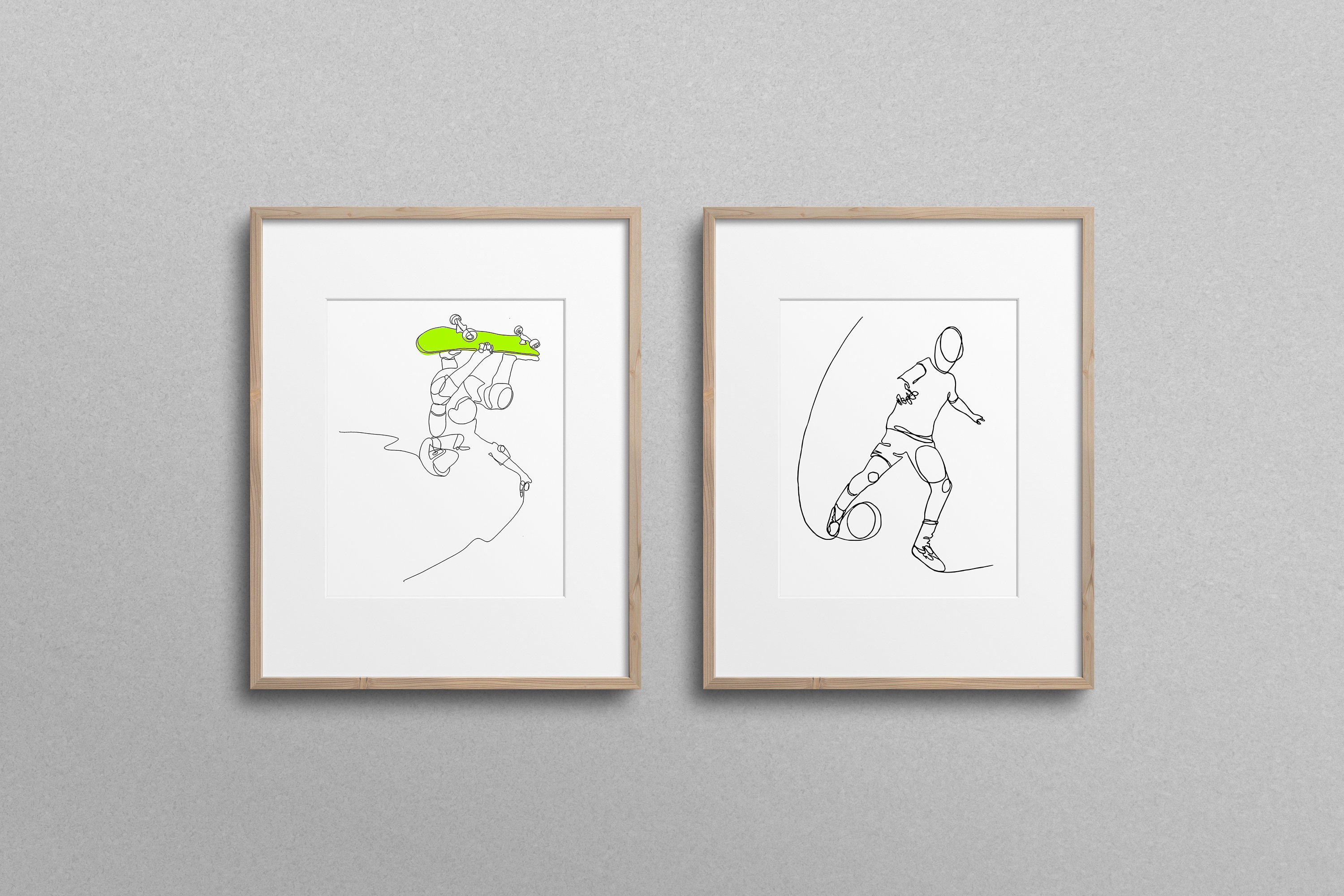 Sports Continuous Single Line Art Set, Soccer and Skateboarding Prints ...