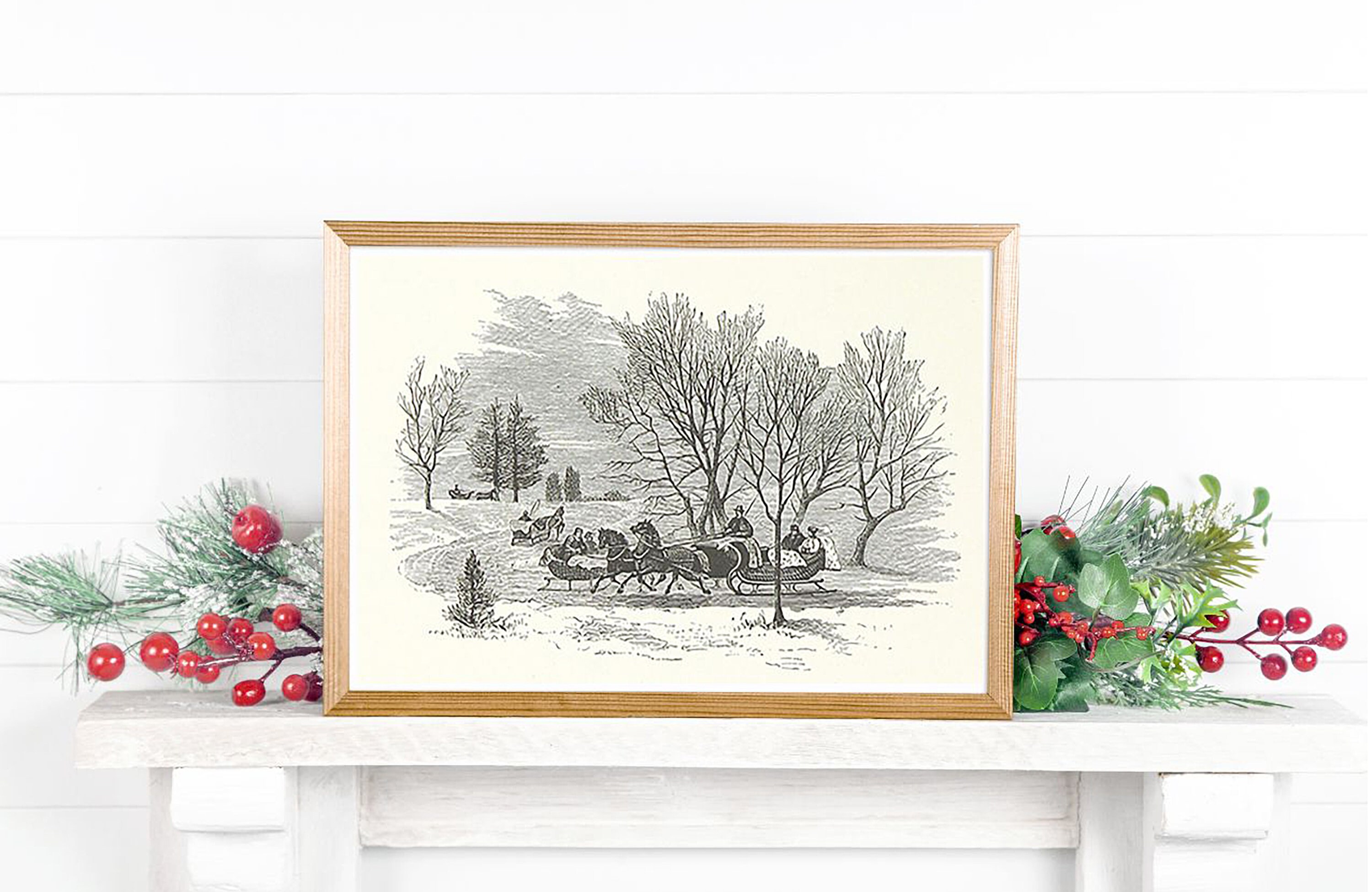 Vintage Sleigh Ride Lithograph Printable, Minimalist Christmas Wall Art ...