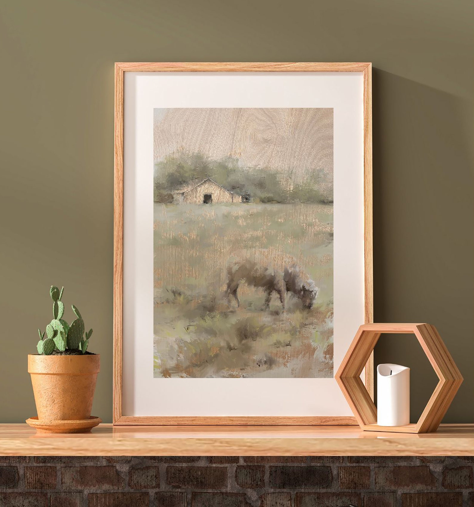 Pasture Painting Print, Farm Field With Cow and Barn Download ...