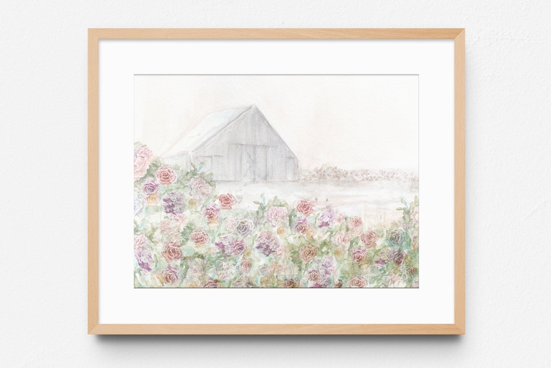 Original Pale Pastel Barn Landscape Painting, Small Dusty Pink and ...