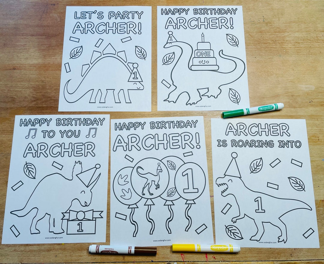 Personalized Dinosaur Theme Birthday Coloring Pages for Kids, Set of 5 ...
