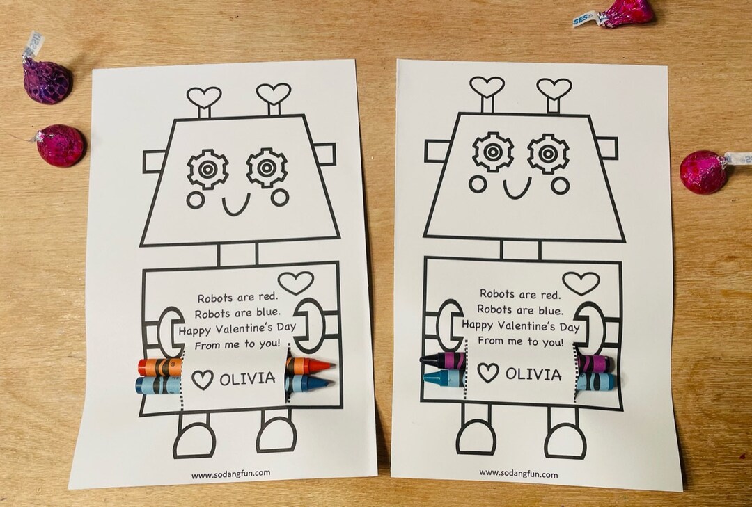 Valentine Robot Coloring Card With Crayon Holder, Personalized ...