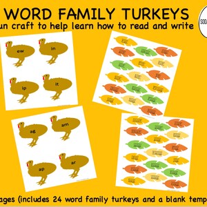 Thanksgiving Activity for Kindergarten Word Family Turkeys | Etsy