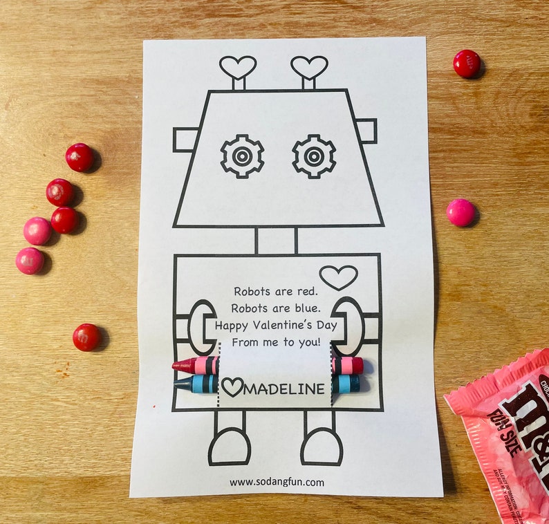 Valentine Robot Coloring Card With Crayon Holder Personalized - Etsy