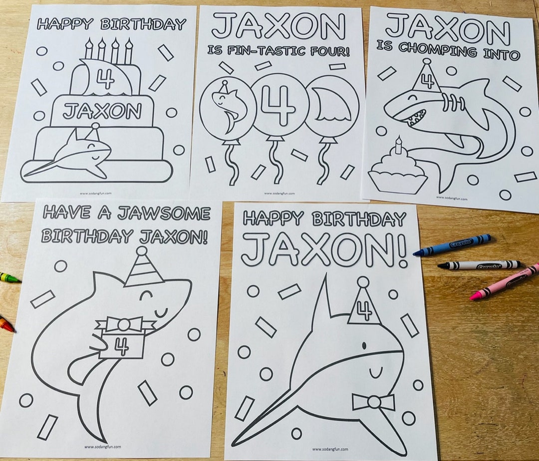 Personalized Shark Birthday Coloring Pages for Kids, Set of 5, Shark ...