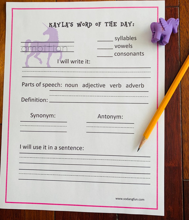 Word of the Day Worksheets Vocabulary Workbook Personalized - Etsy