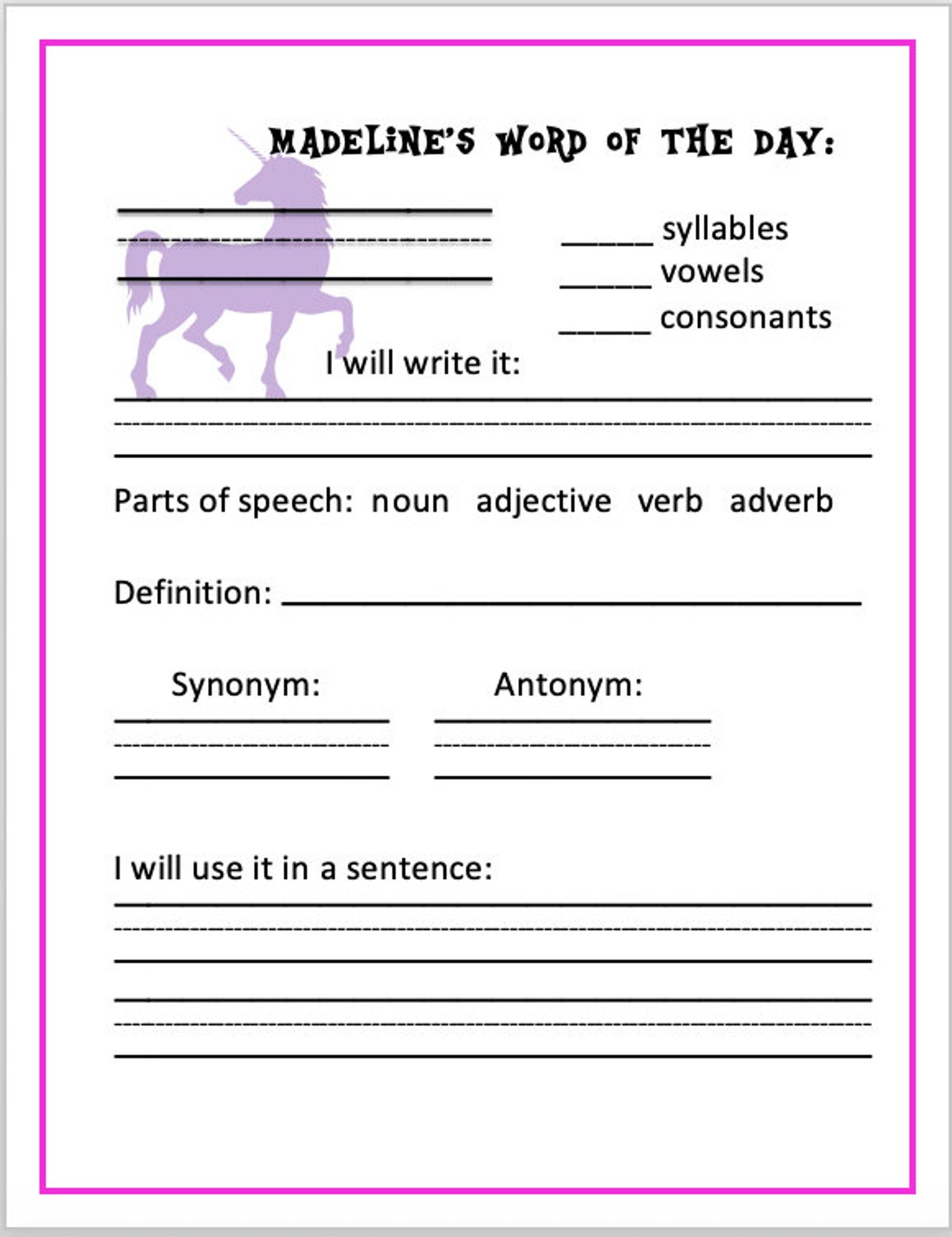 Word of the Day Worksheets Vocabulary Workbook Personalized - Etsy