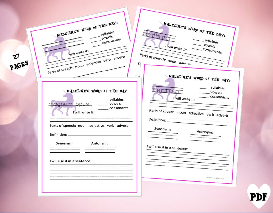 Word of the Day Worksheets Vocabulary Workbook Personalized - Etsy