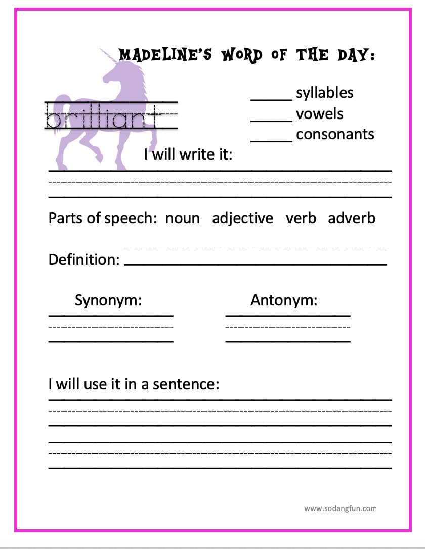 Word of the Day Worksheets Vocabulary Workbook Personalized - Etsy