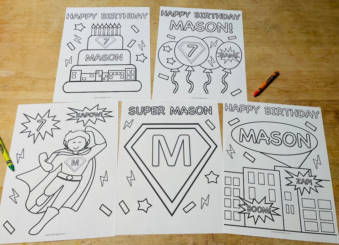 Personalized Superhero Birthday Coloring Pages Set of 5, Superhero ...