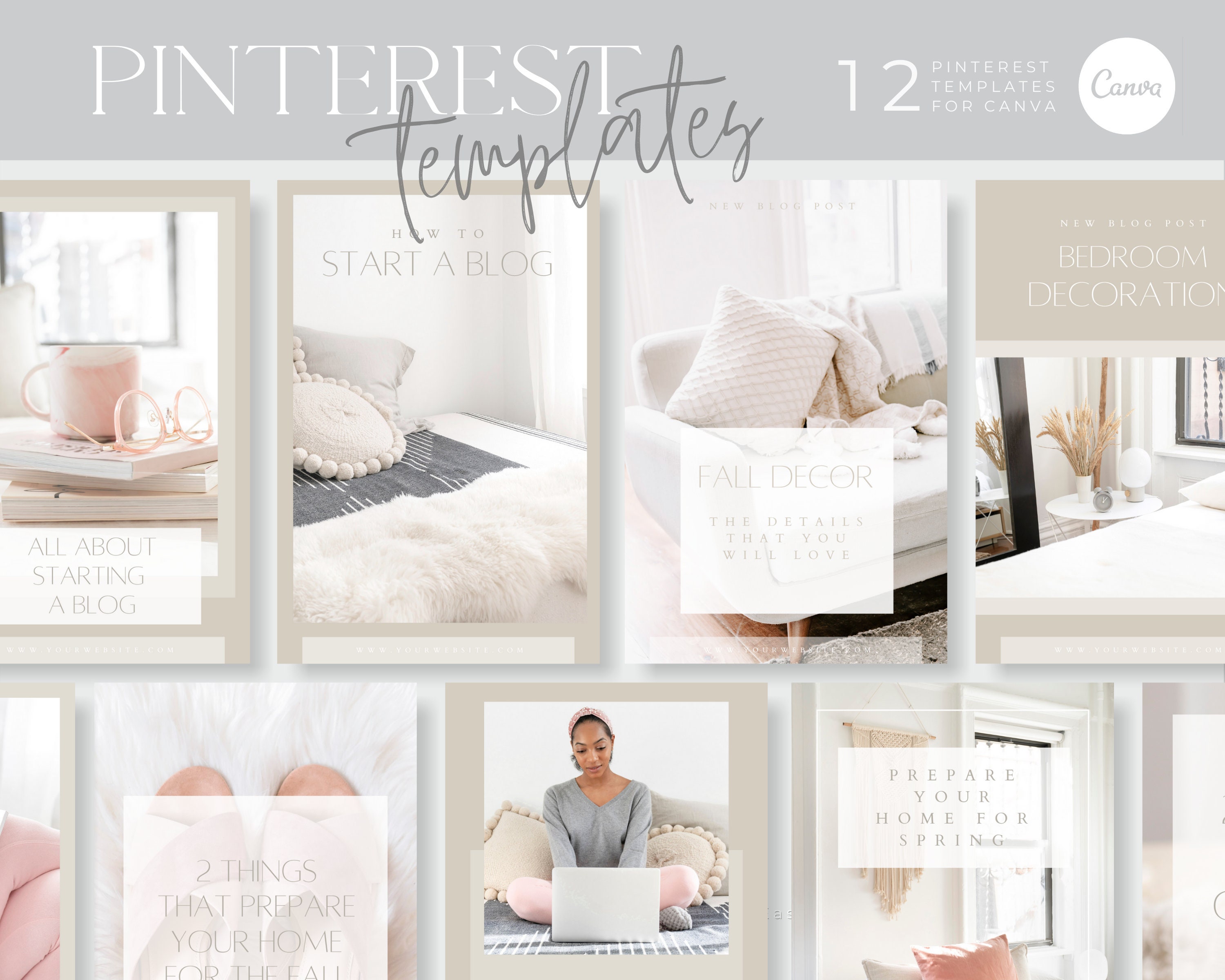 Neutral Pinterest Templates for Bloggers for Canva Feminine Pin ...