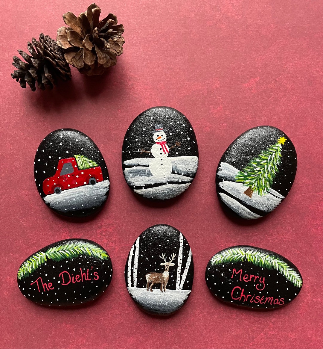 Custom Set of Hand Painted Christmas Rocks, Holiday Decor, Home Decor ...