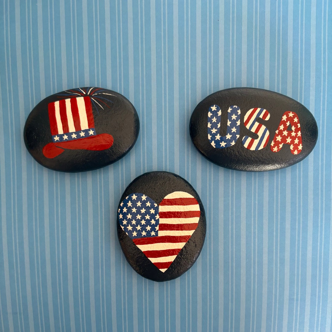 Set of 3 Patriotic July 4th Hand Painted Stones, Americana Decor, 4th ...