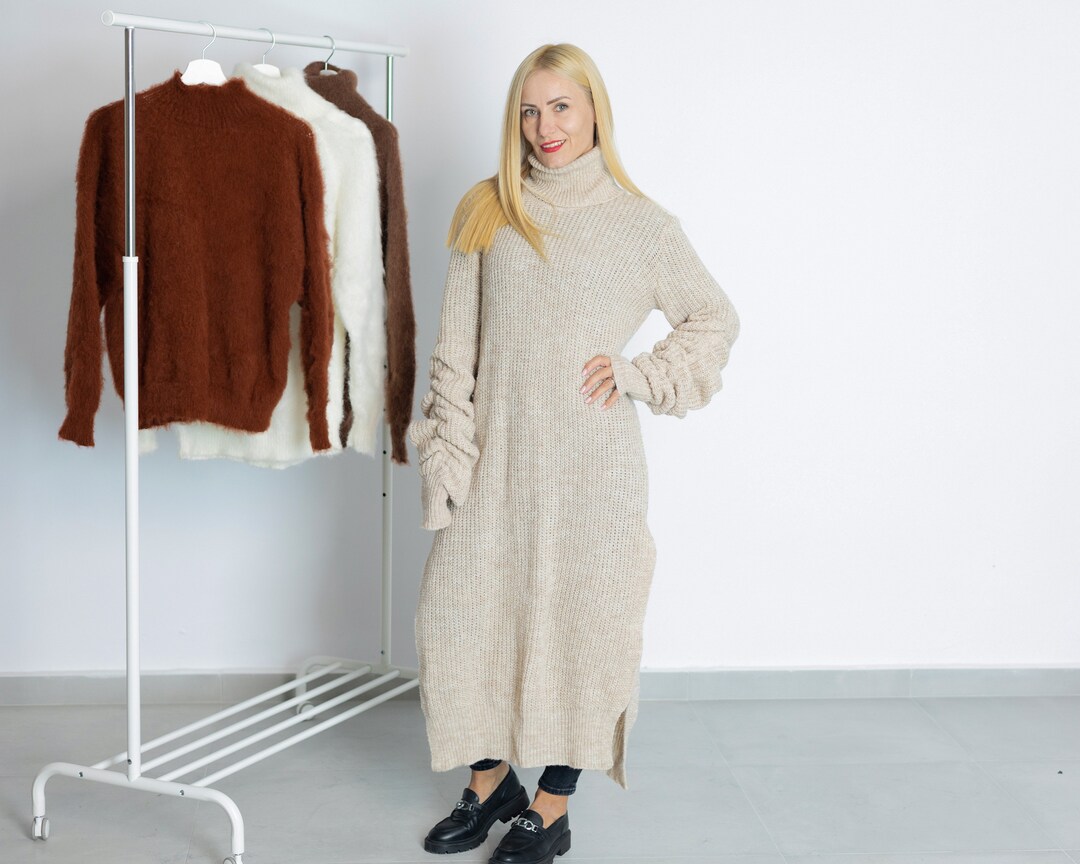 Beige English Rib Alpaca Dress, Soft Winter Maxi Dress, by Tiffy Robe ...