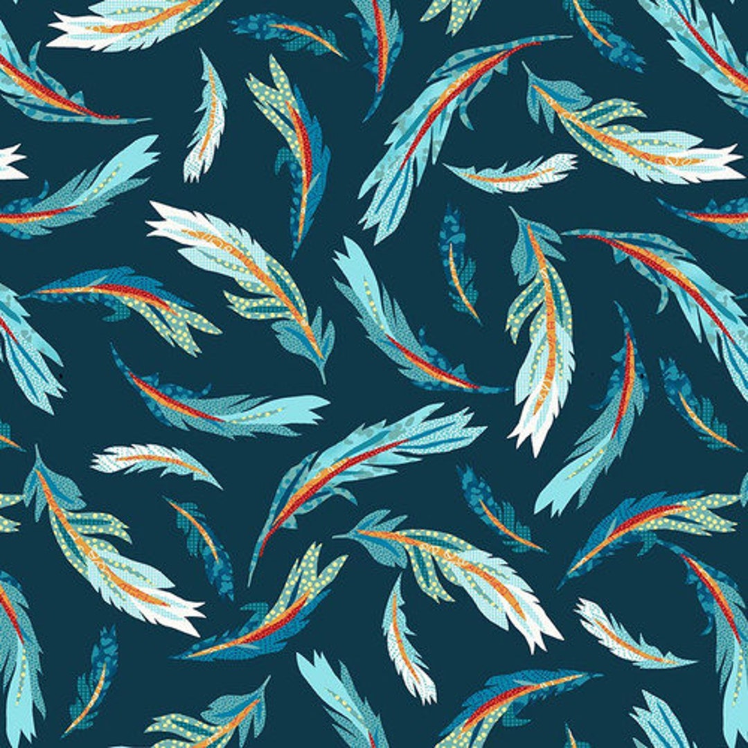Teal Feathers, Zooming Chickens, Timna Tarr, Studioe Fabrics - Etsy