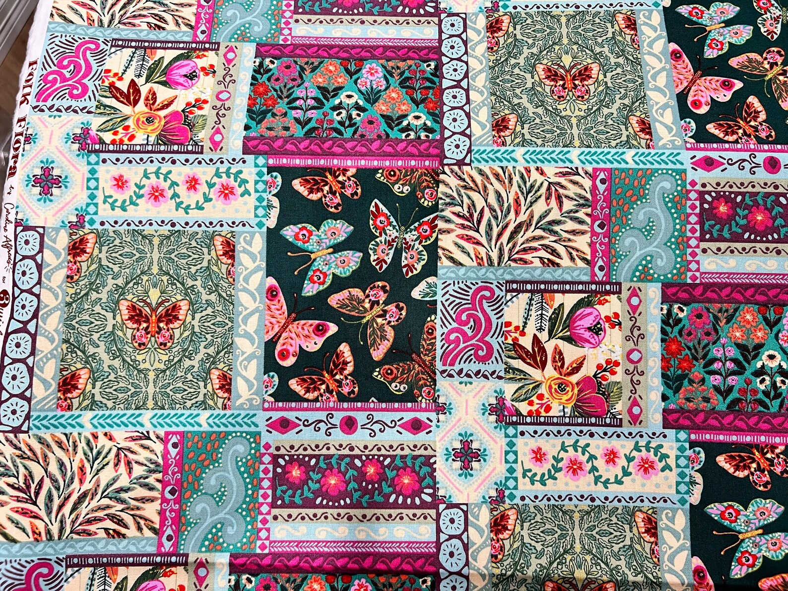 Floral Cotton, Floral Bouquet, Folk Flora Turquoise, Caroline Alfreds ...