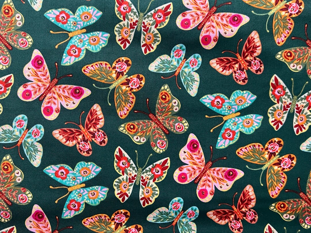 Butterflies, Folk Flora, Caroline Alfreds, 3 Wishes Fabric - Etsy