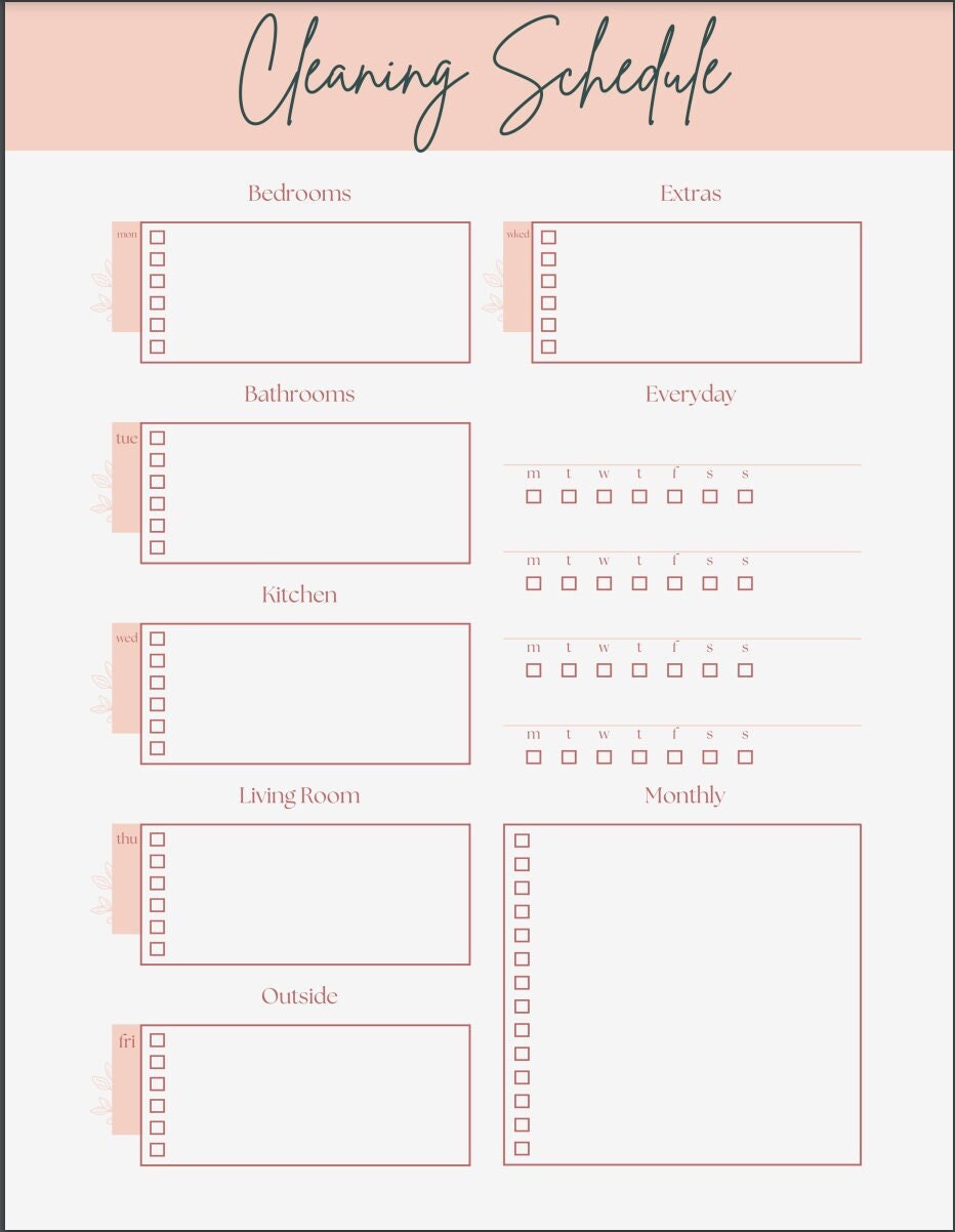 Printable Cleaning Schedule Template - Etsy