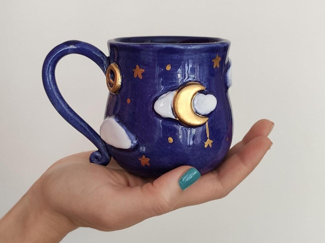 Moon Pottery Mug, Ceramic Coffee Mug, Gold Pottery Mugs, Space Pottery ...