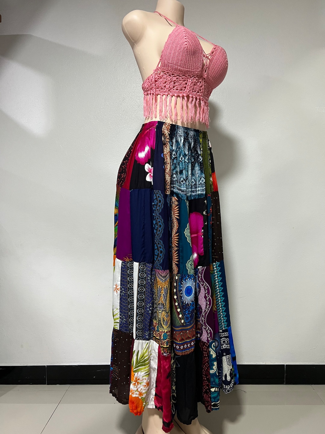 Beautiful Patchwork Ruffle Skirt Long Boho Colorful Unique Gypsy Tiered ...