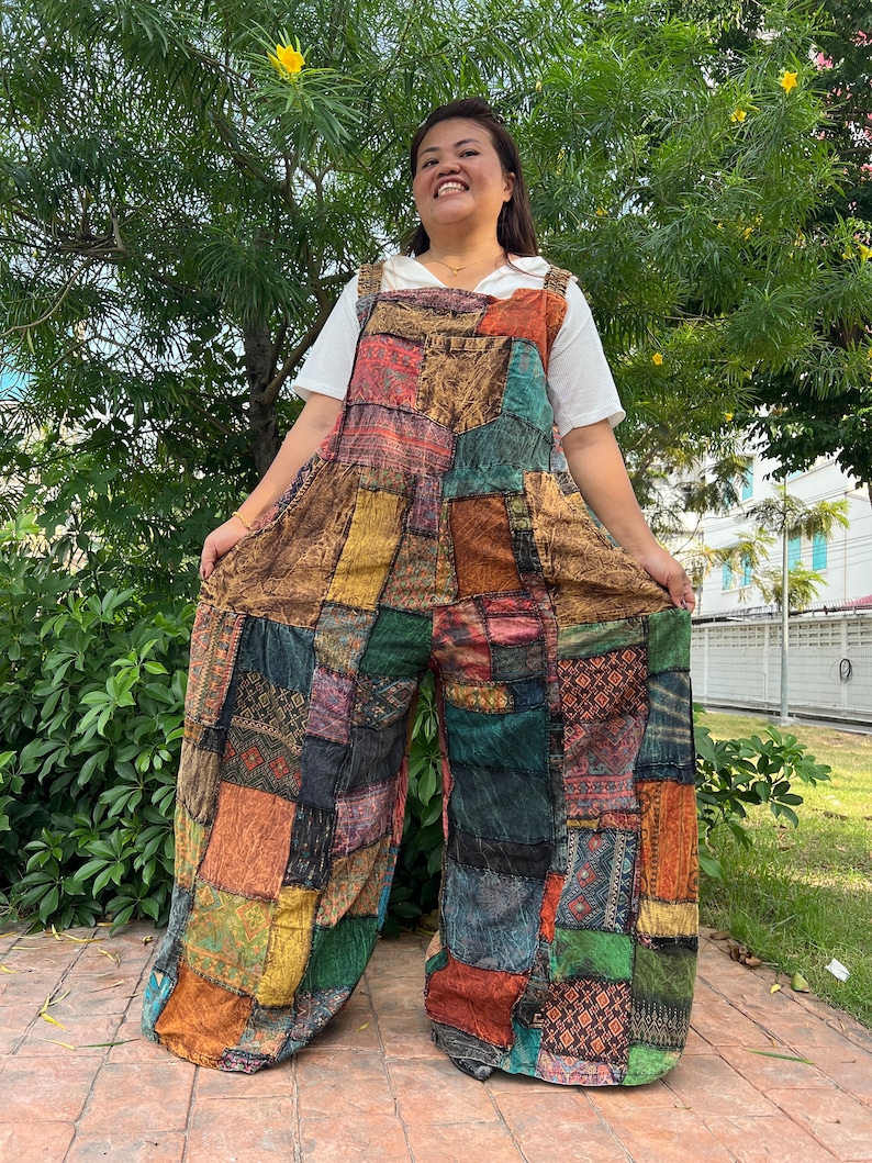 Plus Size Patchwork Cotton Overall: Handmade Wide-leg Jumpsuit ...