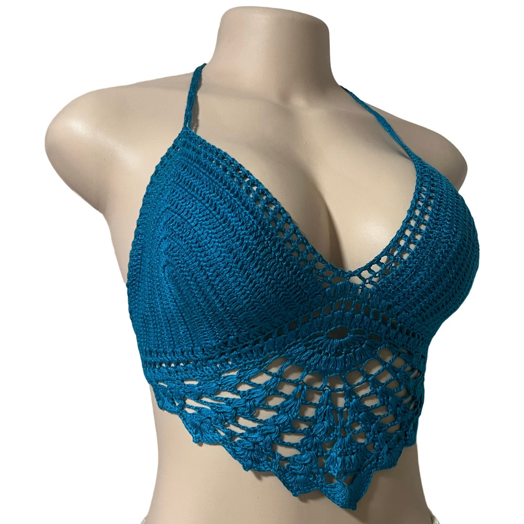 Handmade Blue Halter Top Handmade Crochet Crop Top Summer Beach, Sun Tops Knitting Bra Festival ...