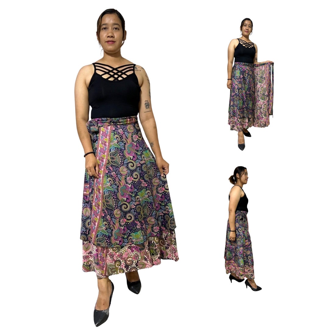 Women Wrap Around Reversible Long Skirt W/two Layers Multi Colors ...