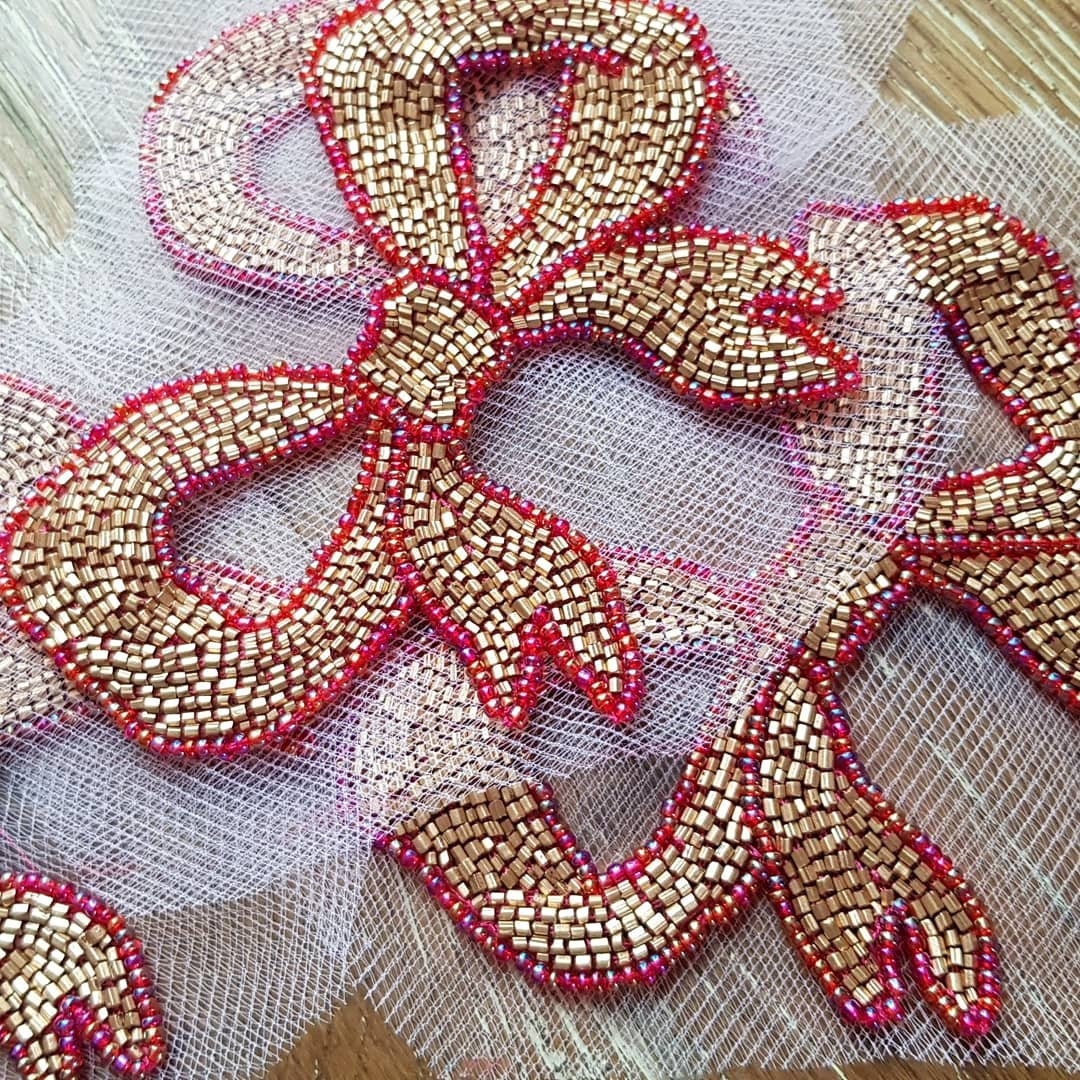 Pink and Gold Beaded Ribbon on Tulle - Hand Made Sew-on Patch - Etsy