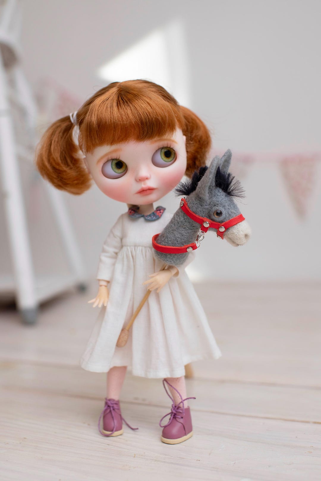 Felted Donkey on a Stick, Blythe Doll Miniature Pet Toy and Accessories ...