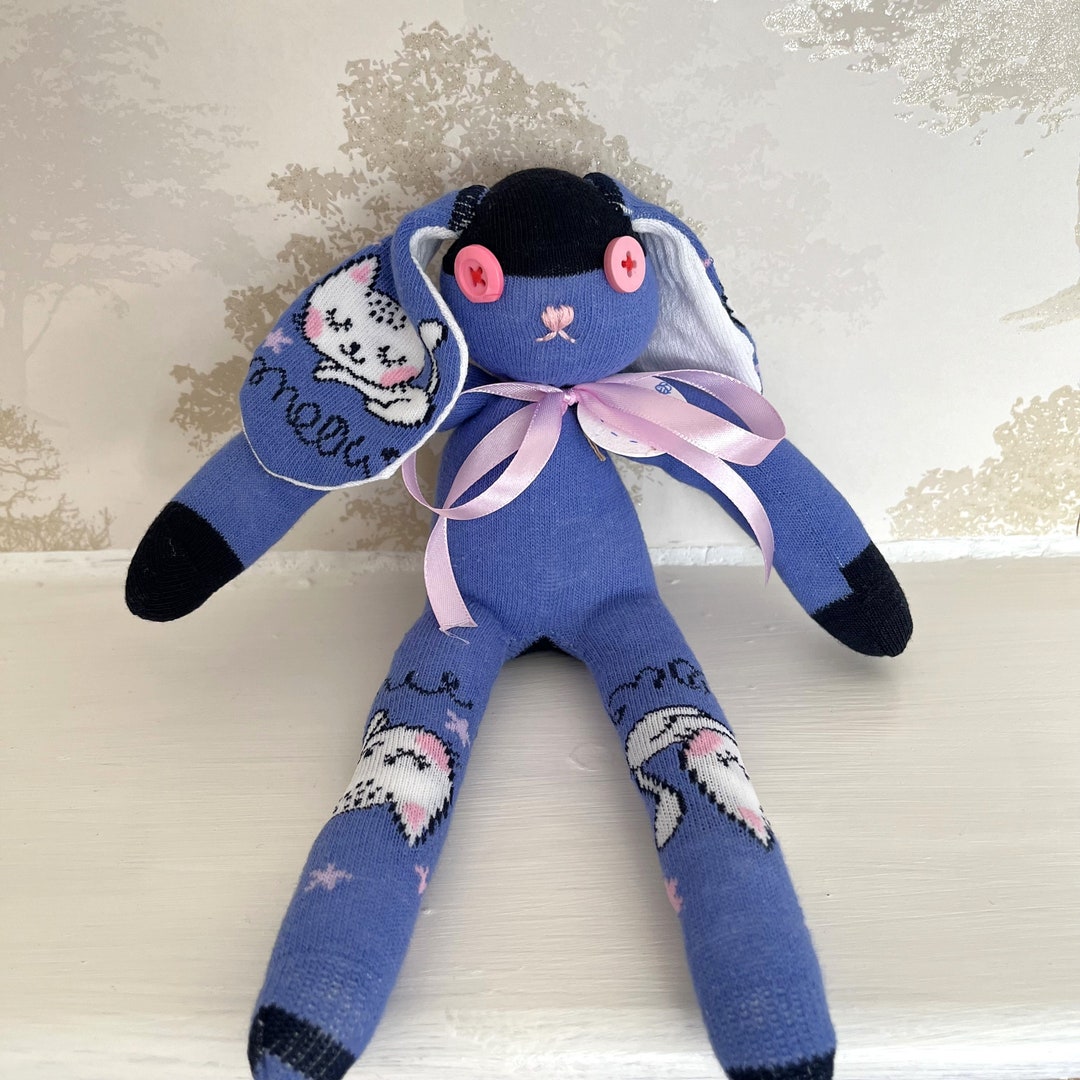 Handmade Sock Bunny Rabbit Kitty Plush Soft Toy Cute Blue Kitten Girls ...