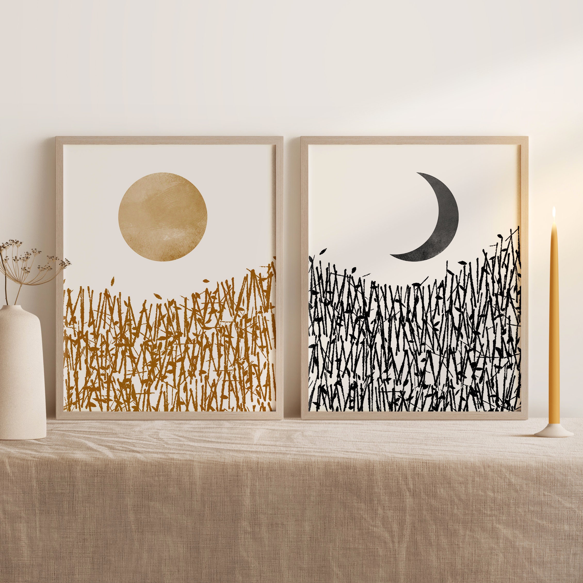 Sonne und Mond Druck 2er Set, Abstrakte Landschaft, Set von Zwei Sonne ...