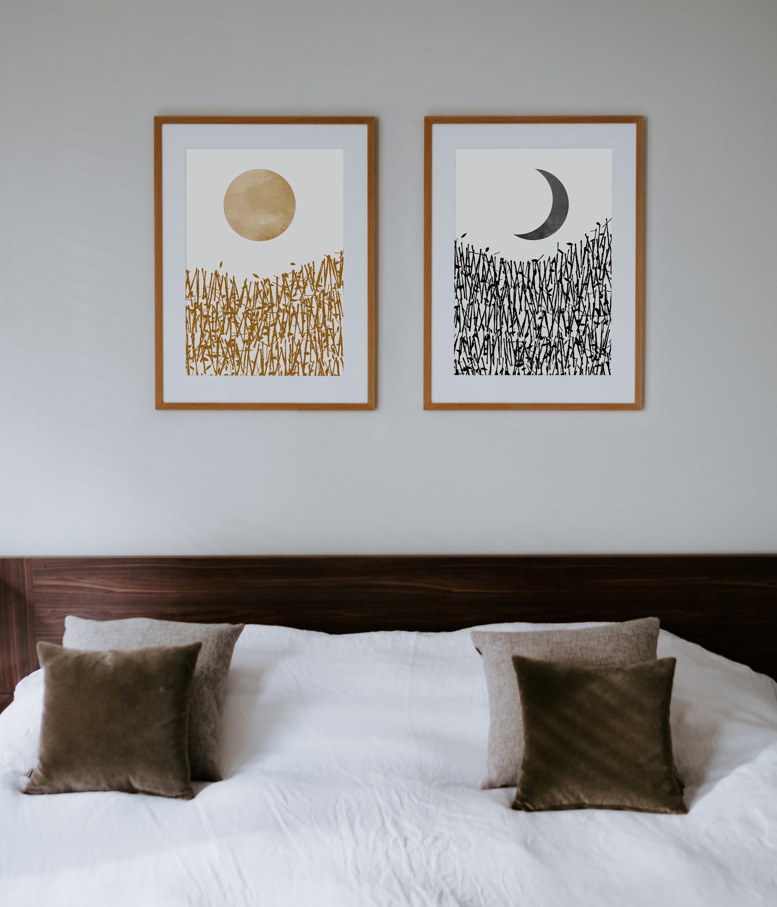 Sonne und Mond Druck 2er Set, Abstrakte Landschaft, Set von Zwei Sonne und Mond, Landschaft ...