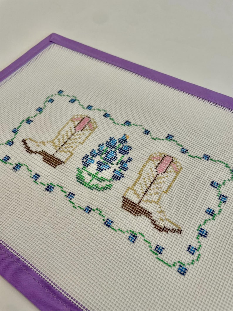 Cowboy Boot and Bluebonnets Needlepoint Canvas -- Hand-painted on 18 Mesh -- Amazon Acrylic Bag ...