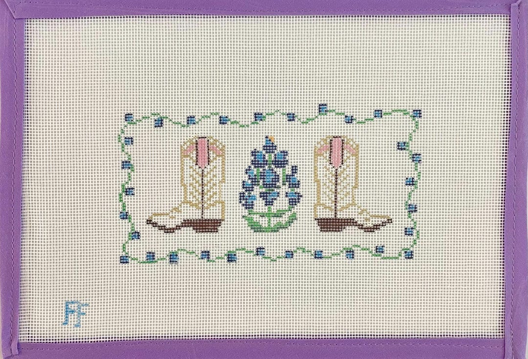 Cowboy Boot and Bluebonnets Needlepoint Canvas -- Hand-painted on 18 Mesh -- Amazon Acrylic Bag ...