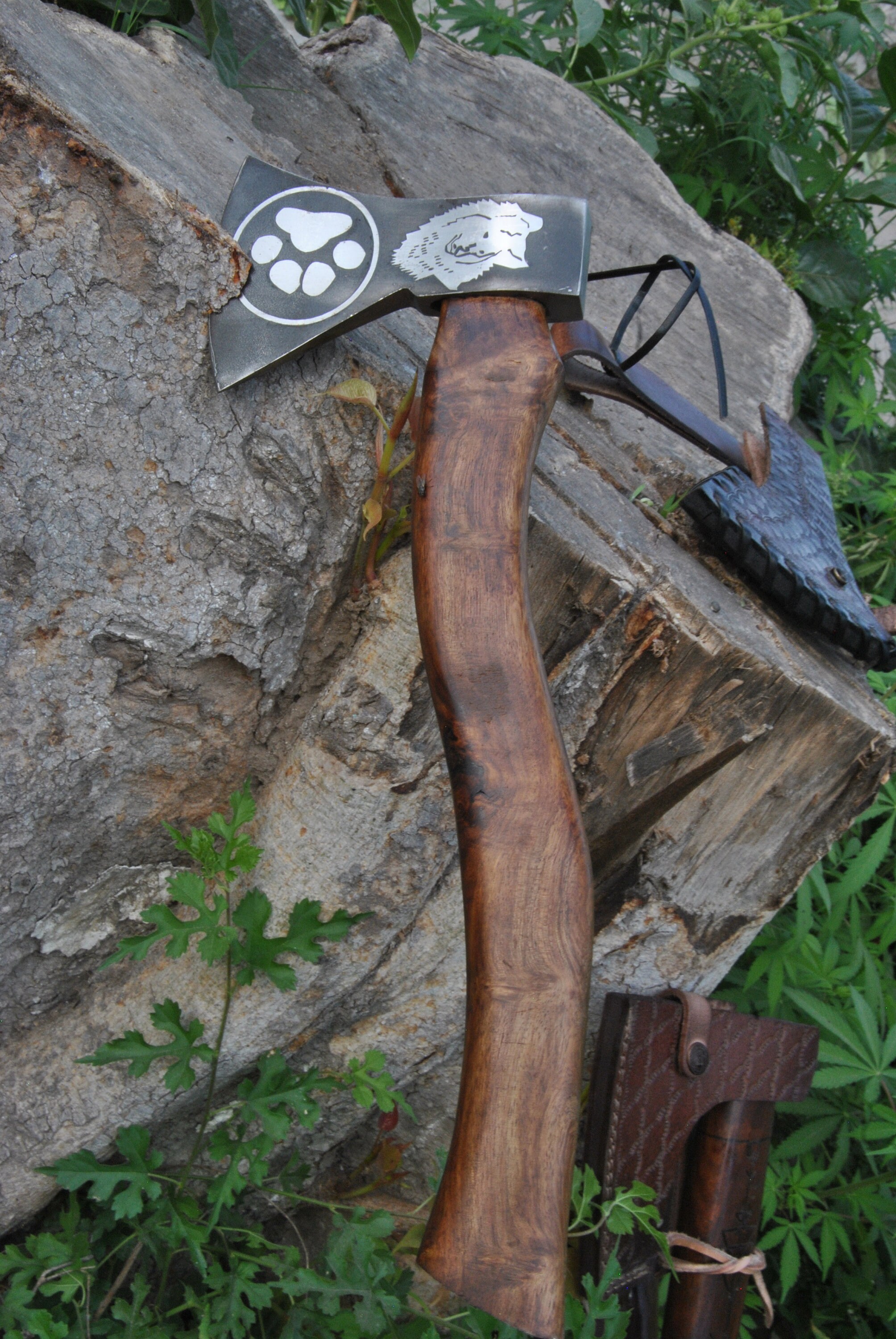 Custom Handmade Tomahawk Axe with Wolf Logo & Leather Cover | Etsy