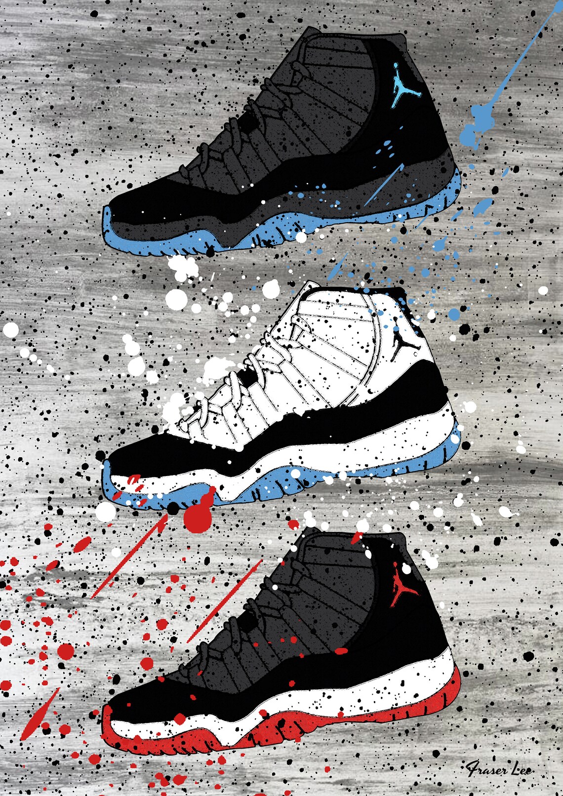 Air Jordan 11 Trainer Painting Print Bred, Concord and Gamma Blue - Etsy