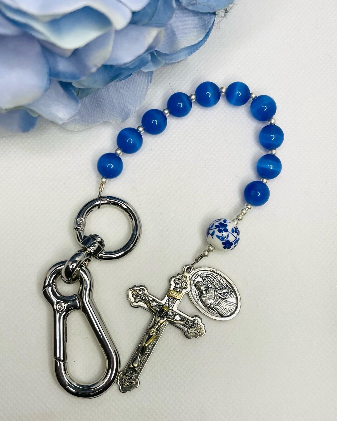 Blue Silver Catholic Rosary Handmade Catholic Rosary Keychain Saint ...