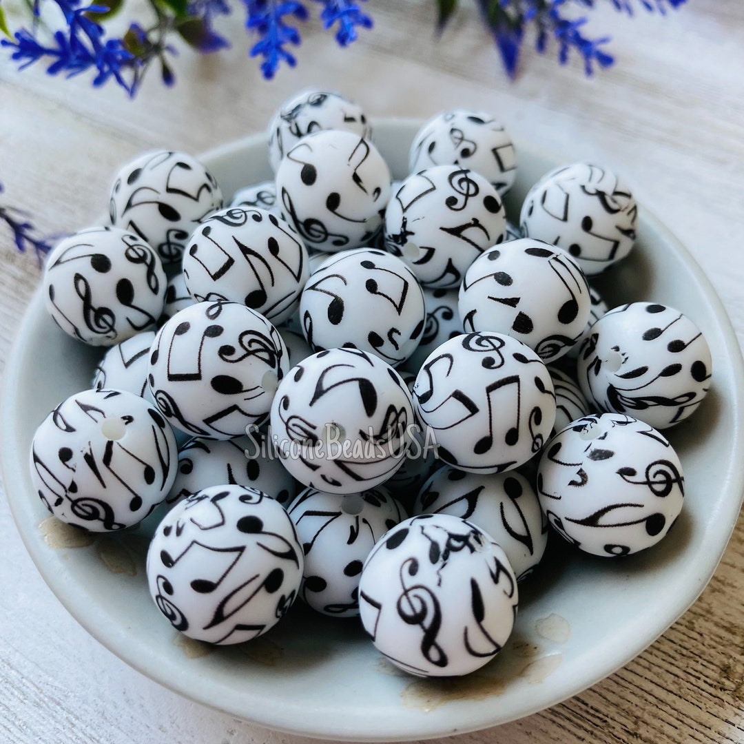 Music Notes Print Silicone Round Beads 15 Mm Sensory Loose Beads Black ...