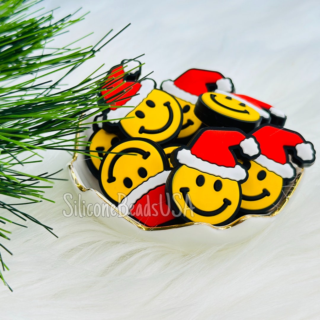 Christmas Emoji Face Beads Santa Hat Silicone Focal Bead Loose Sensory ...