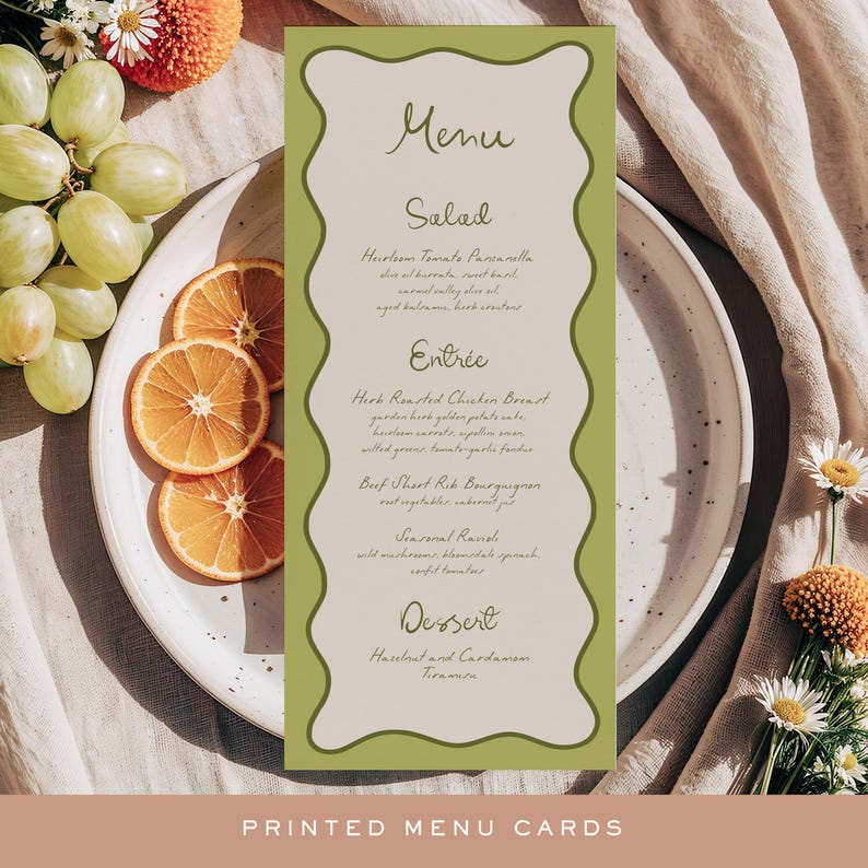PRINTED MENU CARDS 4x9 | Colorful, Wavy Border, Wedding Menus ...