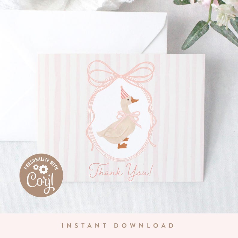 DIGITAL DOWNLOAD | One Silly Goose Birthday Thank You Cards, Pink Bow ...