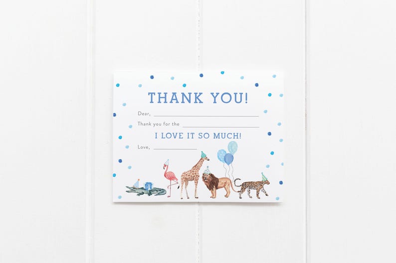 PRINTED Thank You Card | Party Animals Birthday, Fill in the Blanks ...