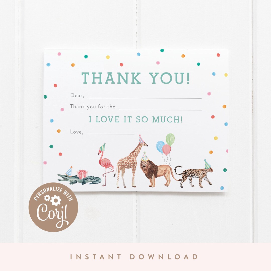 DIGITAL DOWNLOAD | Thank You Card | Party Animals Birthday, Fill in the ...