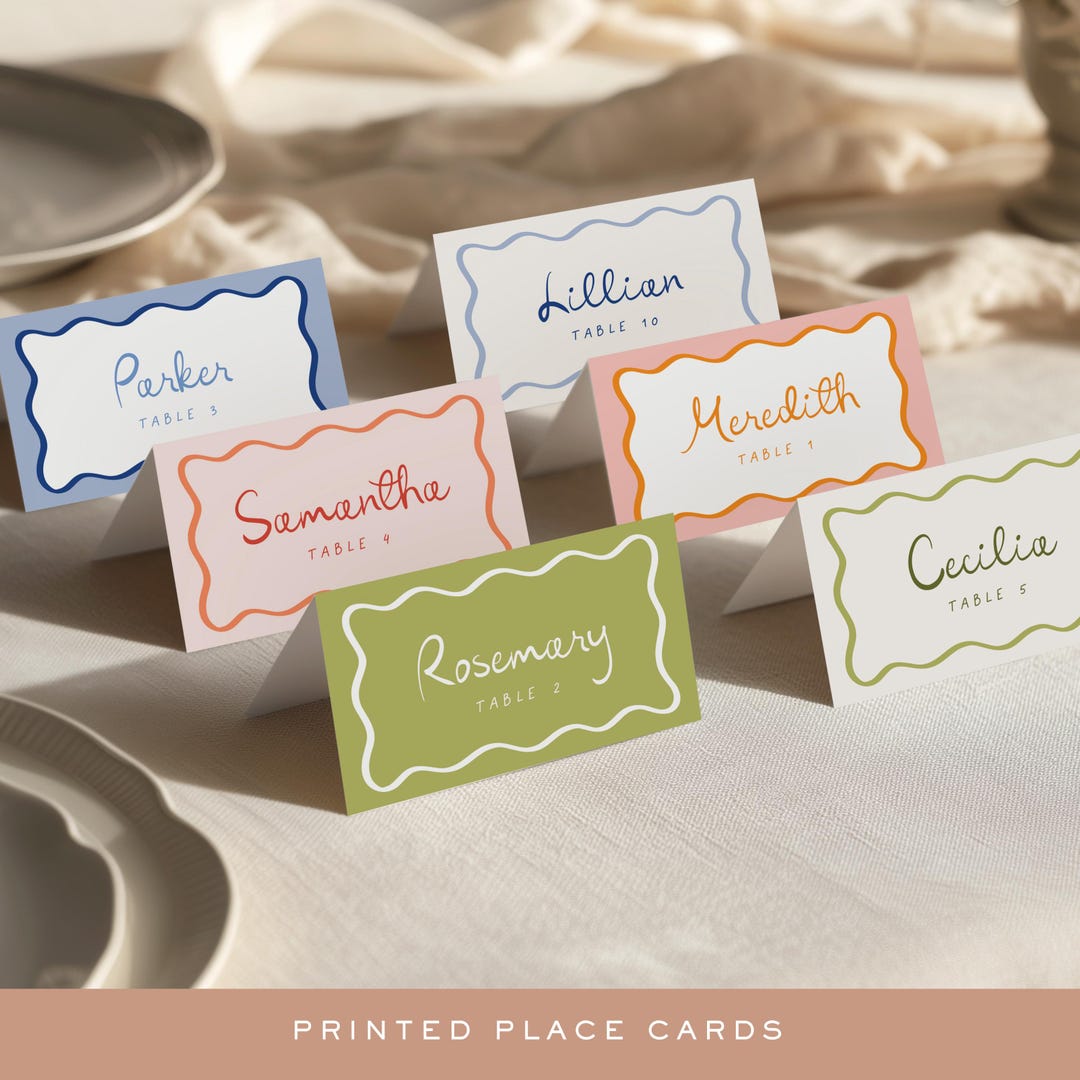 PRINTED Wedding Place Card | Colorful, Wavy Border, Wedding Name Cards ...
