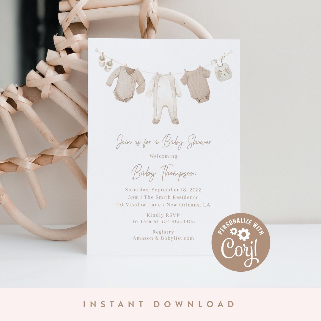 DIGITAL DOWNLOAD | Neutral Baby Shower Invitation, Clothesline Baby ...