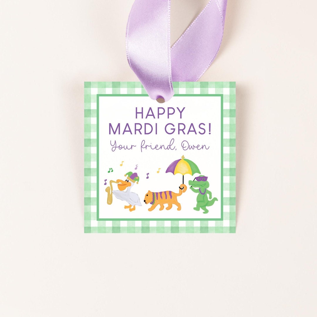 PRINTED Mardi Gras Krewe Favor Tag | Mardi Gras Treat Tag, 2.75" Square ...